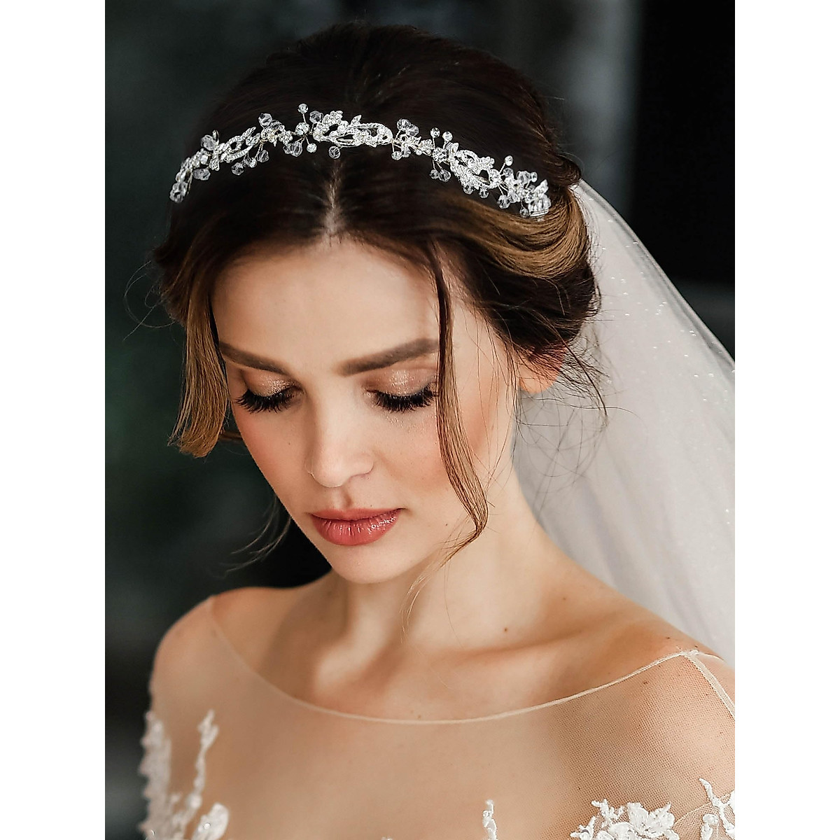 SWEETV Silver Wedding Headpieces for Bride Handmade Bridal Headband with Rhinestones Hair Accessories Hair Vine for Women