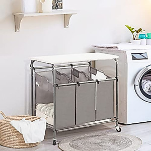 STO STO Laundry Sorter 3 Section with Ironing Board, 3 Bag Laundry Hamper with Folding Table, Laundry Basket with Heavy Duty Lockable Wheels and Removable Bag for Clothes Storage, Gray