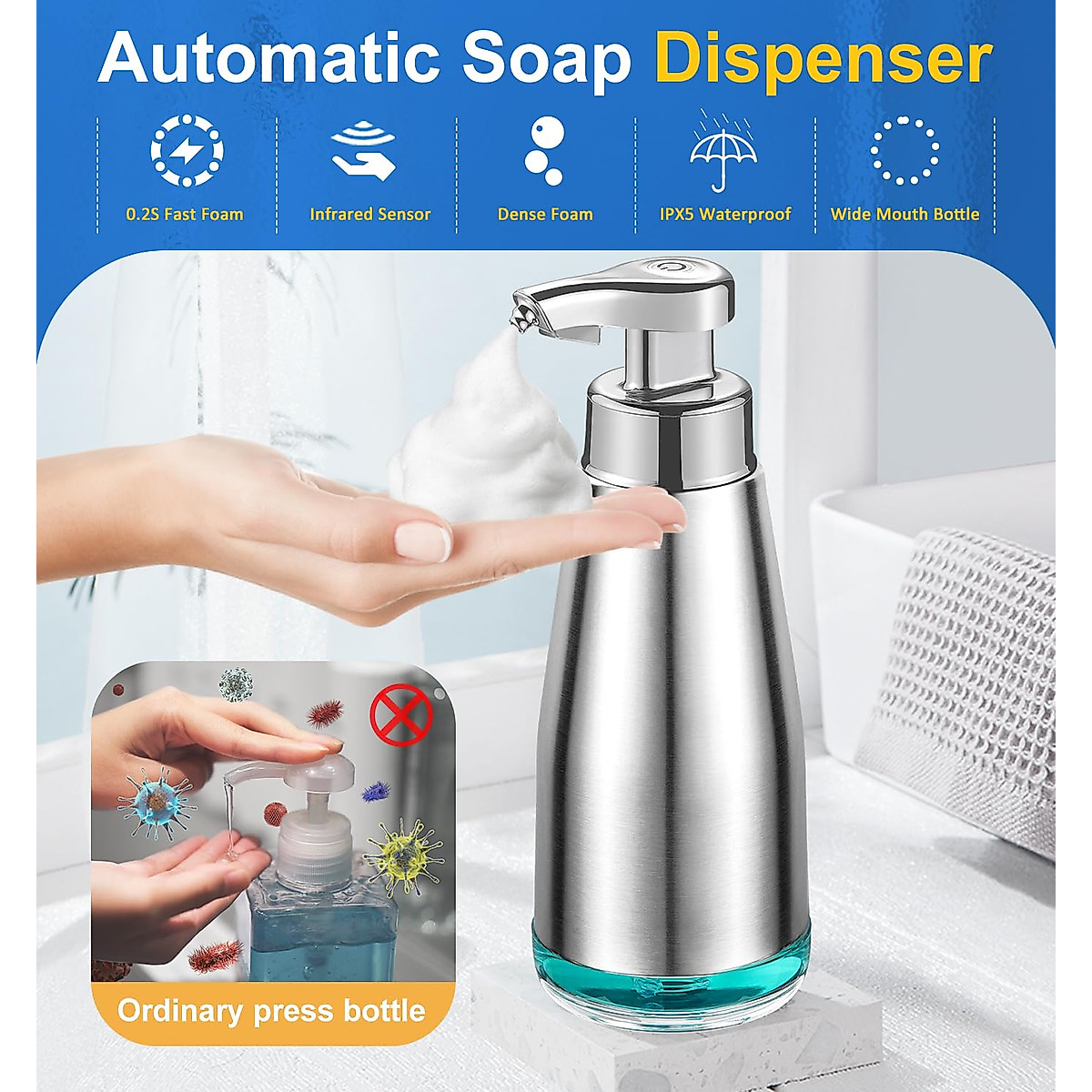 Kekele Baby Automatic foaming Soap Dispenser-Stainless Steel Sensor-14 Oz/400ml Sensor Auto Soap Dispenser Kitchen Sink,Bathroom,Kitchen-Rechargeable Electric Foam Touchless Stainless-silver