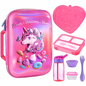 COO&KOO Unicorn Lunch Bag Lunch Box Set, Insulated Lunch Bag with 3 Compartment Bento Box Ice Pack Water Bottle Silicon Cap Spoon Salad Container for Lunch Kid's School Supplies Ideal for Age 7-15