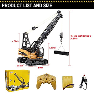 Hitish Remote Control Tower Crane Die Cast Truck Hoist Dragline 1:14 Scale 2.4GHz Remote Control Engineering Lift Model Truck Crawler Loader Excavator Bulldozer Construction Toy for Boys & Girls