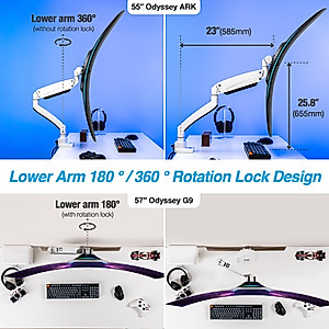 AVLT Single 17"-57" Super Ultrawide Monitor Arm for Screens Up to 59.5 lbs, Premium Aluminum Desk Stand, Adjustable Pneumatic Height, Full Motion Swivel Tilt Rotation, USB-C & USB-A Ports, White