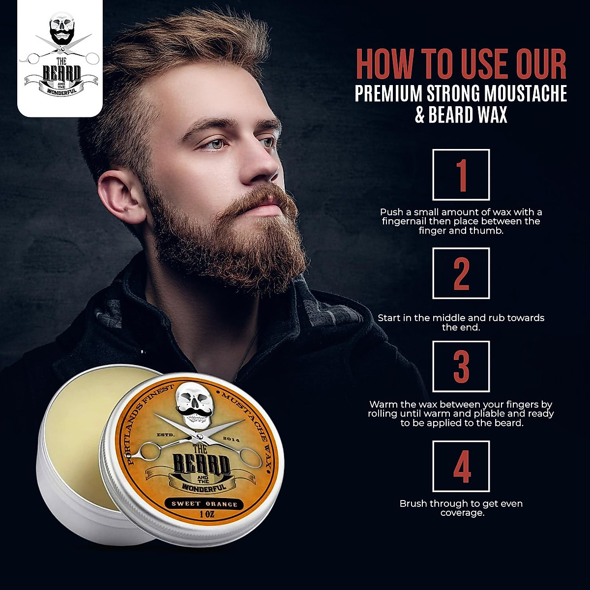 Moustache and Beard Wax – 30ml – Promotes Facial Hair Growth with Moisture Resistant Feature – Ideal Beard Styling for Men with All Natural Ingredients, Strong Hold, & Orange Scent Wax