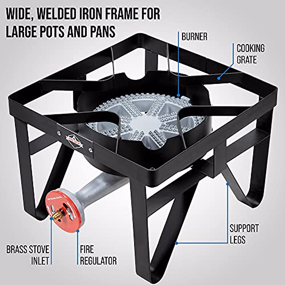 Hike Crew Cast Iron Single-Burner Outdoor Gas Stove | 220,000 BTU Portable Propane-Powered Cooktop | with Blue Flame Air Control Panel, Hose with Adjustable 0-20 PSI Regulator