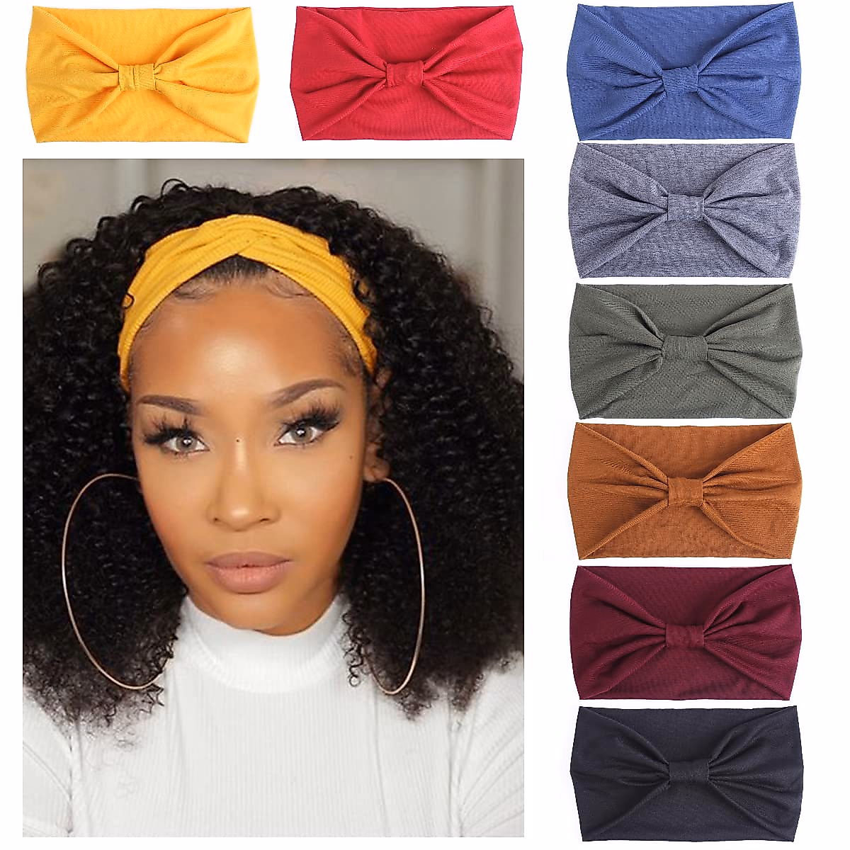 Kachanaa 8 Pack Wide Non-Slip Boho Women's Headband - Elastic Large African Turban Headwrap Ideal for Yoga,Workouts,Running - Non-Slip Design for Women