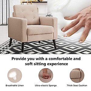 ReunionG Modern Accent, Mid Century Armchair W/Rubber Wood Legs, Linen Single Sofa W/Fabric Cushion, Upholstered Arm Chair for Living Room, Office, Bedroom (Beige)