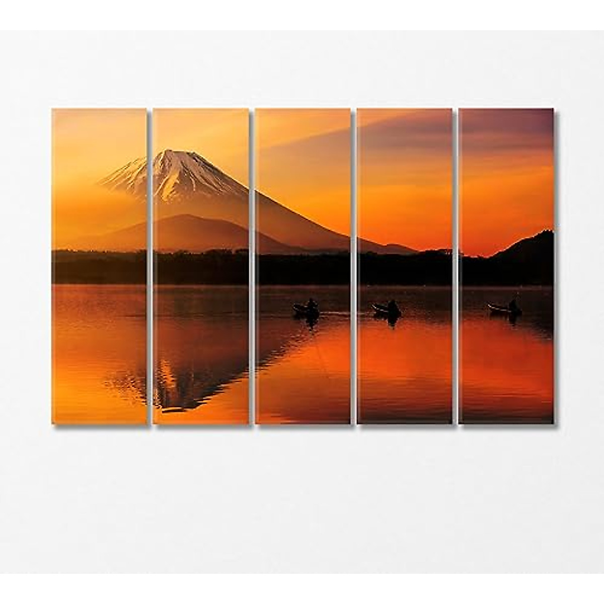 Silhouette of Three Fishermen on Boats on Shoji lake Japan Canvas Print 1 Panel / 36x24 inches
