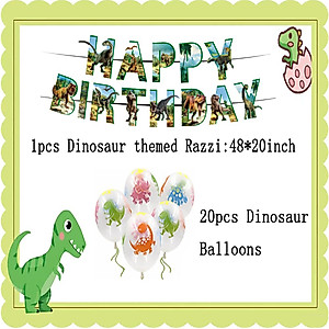 Dinosaur themed birthday party decorations, realistic Tyrannosaurus Rex, Brachiosaurus, Triceratops, dinosaur digital 2 balloons, and 20pcs dinosaur latex balloons, dinosaur themed arch pull banners