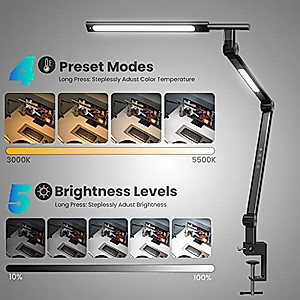 Arteasy LED Desk Lamp, Desk Light for Home Office, Dual Light Source 18W Brightest, Eye-Caring Optical Lens, Office Lamp, 5 Color Modes & Brightness, Aluminum Alloy Clip on Lamp, Clamp Lamp, Black
