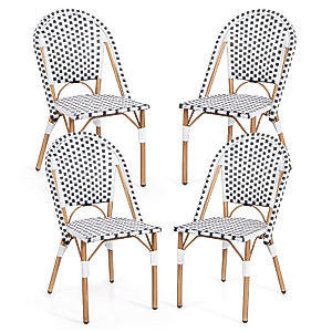 Tangkula French Bistro Chair Set of 4, Outdoor Armless Dining Chairs with Hand-Woven Rattan, Accent Chairs with Galvanized Metal Frame for Garden Kitchen Backyard Porch (Black & White)