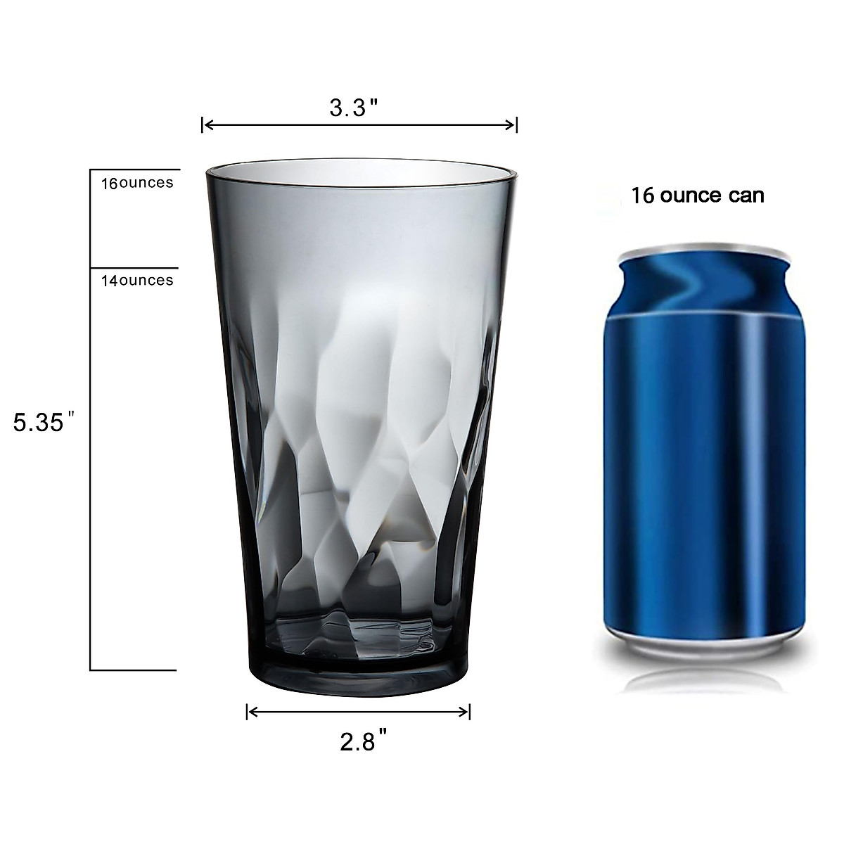 JGIRL Unbreakable Plastic Drinking Glasses, Set of 6, Shatterproof Drinking Cups, Plastic glass cup,16 oz plastic Tumbler Cups,Dishwasher Safe (Grey)