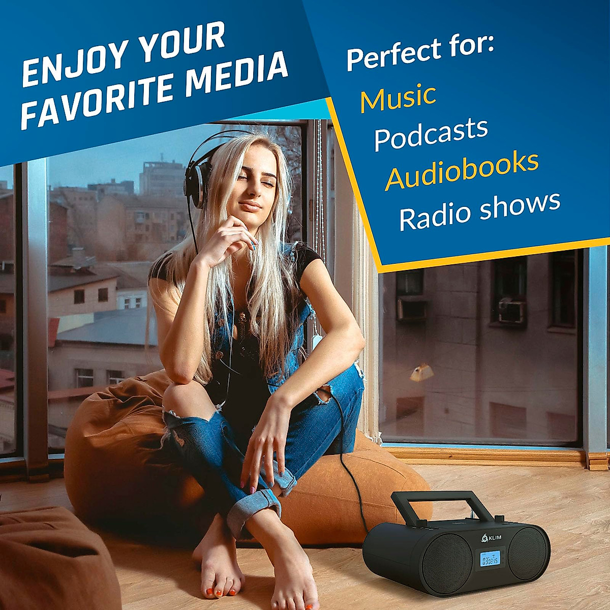 KLIM® Boombox B4 CD Player Portable Audio System - New 2024 - AM/FM Radio with CD Player MP3 Bluetooth AUX USB - Wired & Wireless Mode Rechargeable Battery - Remote Control Autosleep Digital EQ