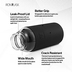 IRON °FLASK Glass Sports Water Bottle - Straw Lid, Airtight Leak Proof, Vacuum Insulated, Bosilicate Glass, Silicone Sleeve, Retains Temperature - Midnight Black, 32 Oz