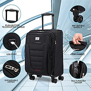 Verdi Travel Expandable Luggage 3 Piece Set with USB Port Soft Side Lightweight Carry On Suitcase Nested Set Includes 20-inch, 24 Inch and 28 Inches Checked Bag with 8-Wheel Rolling Spinner
