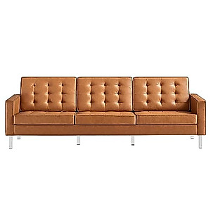 Modway Loft Tufted Button Faux Leather Upholstered Sofa in Silver Tan