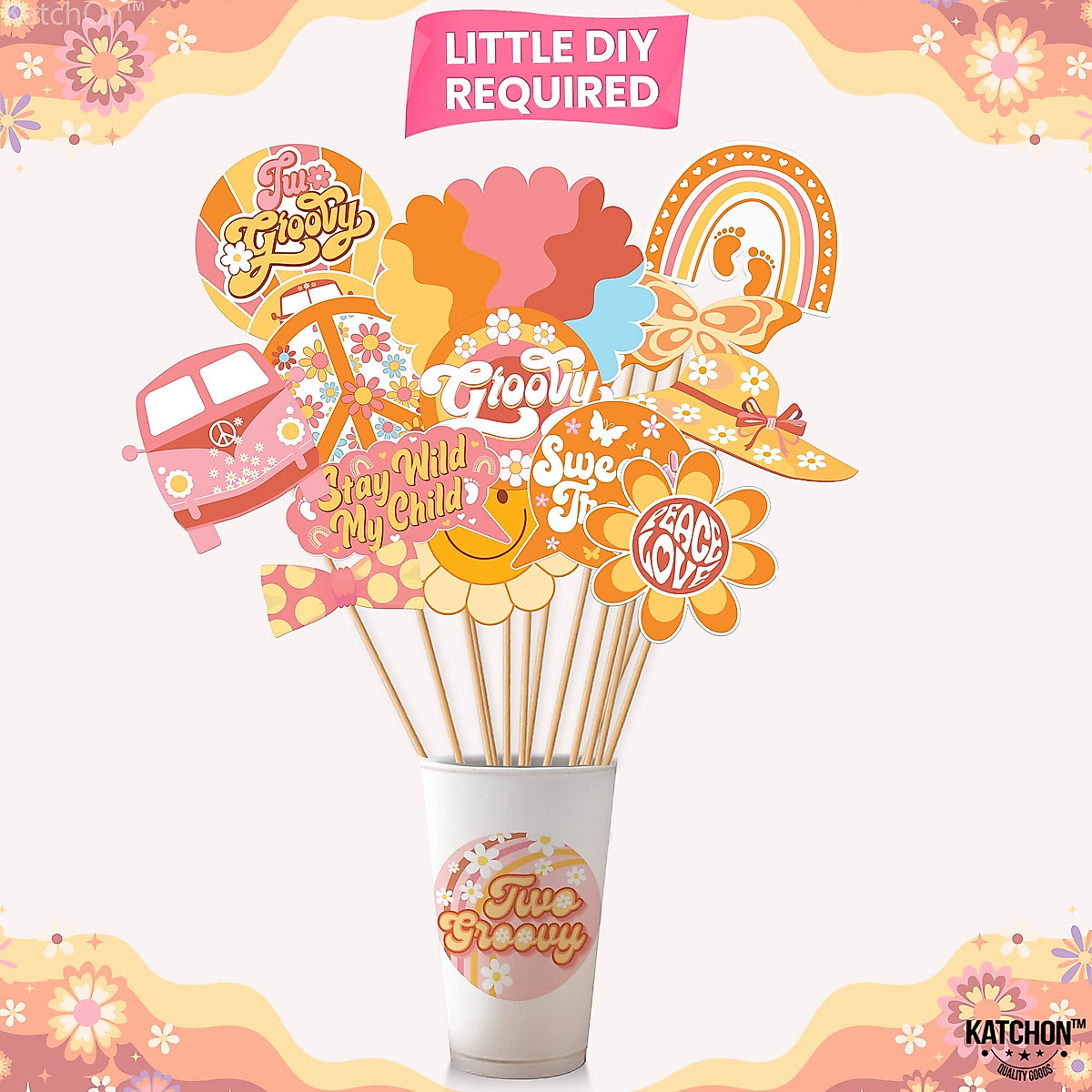 KatchOn, Two Groovy Photo Booth Props - Pack of 40, Groovy Photo Props | 60s Photo Booth Props | Retro Photo Booth Props for Two Groovy Party Decorations | Hippie Photo Booth Props for Birthday Party