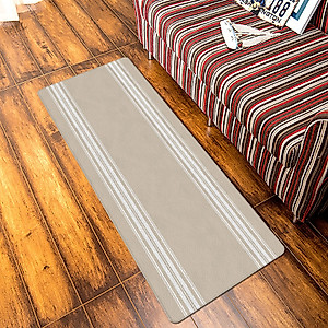 Country Rustic Stripes Antifatigue Kitchen Bath Door Mat Cushioned Runner Rug,Washable Welcome Floor Sink Mat,Khaki White Geometric Line Luxurious Art Waterproof Comfort Standing Doormat,24"x36"