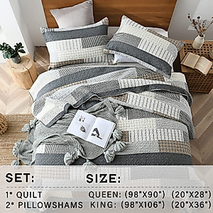 PERHOM Quilt Queen Size - 100% Cotton Farmhouse Rustic Queen Quilt Set, Cabin Bedding Set Bedspreads, Lodge Lightweight Patchwork Plaid Quilted Comforter for Queen Bed, Grey/Brown/Beige