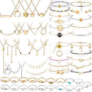 Batiyeer 60 Pcs Surfer Wave Strand, Summer Layered Choker Pendant Necklace Adjustable Multilayer Chain Necklaces Adjustable Bracelet Handmade Sunflower Rope Anklets Knuckle Rings (Elegant)
