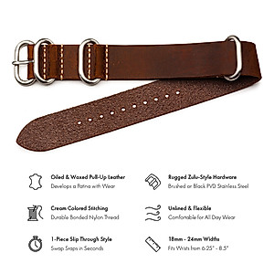 Benchmark Basics Leather Watch Band - Zulu Crazy Horse Oiled Leather Military Style One-Piece Watch Strap - 18mm Dark Brown