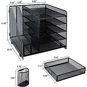 Metal Mesh Desk Organizer with 1 Sliding Drawer, 5 Horizontal Trays and 2 Vertical Sections, with 2 Spaces for Pencils and Accessories Black, assembles and disassembles in minutes to store or use