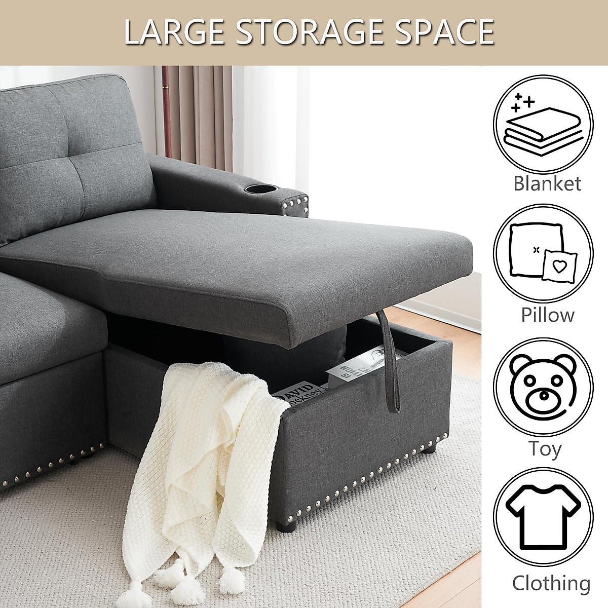 Payeel L Shape Sleeper Sectional Sofa with Storage Chaise Lounge, 83" Pull Out Convertible Sofa Bed with Cup Holder, 3 in 1 Sofa Sleeper Couch for Living Room, Apartment