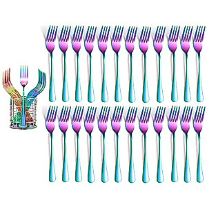 Rainbow Silverware Fork Set of 24 Pieces, Iridescent Stainless Steel Flatware with Organizer, 6.8 inch Dinner Forks, Colorful Cutlery Utensils for Home Kitchen and Outdoor, Mirror Polished Tableware