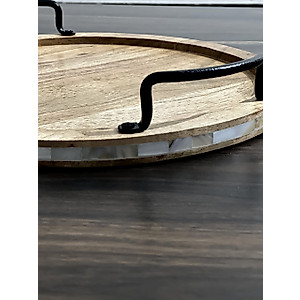 Handmade Wooden Acacia Round Serving Tray Beautiful Mother of Pearl Border Decorative Tray with Handles for Parties Large Handles for Easy Handling, Beautiful Wooden Tray for Multiple uses