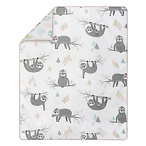Sweet Jojo Designs Pink and Grey Jungle Sloth Leaf Baby Girl Nursery Crib Bedding Set - 4 pieces - Blush, Turquoise, Gray and Green Tropical Botanical Rainforest
