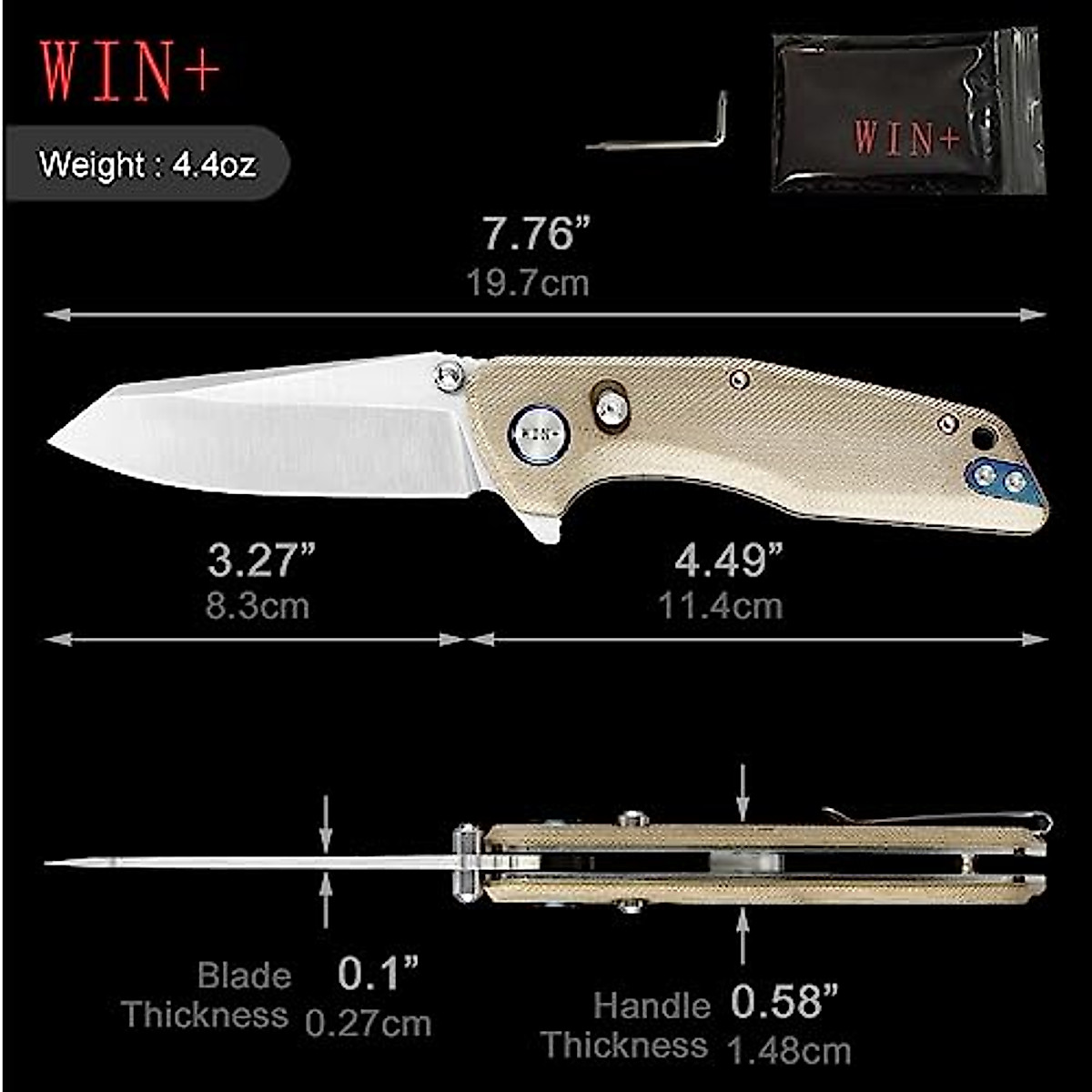 WIN+ Pocket Knife, Folding Knife with Button Lock and Axis Lock, Tactical Knives with Ball Bearing and Thumb Stud, Micarta Small EDC Knife for Survival Camping 3442 (C-Desert-Micarta)