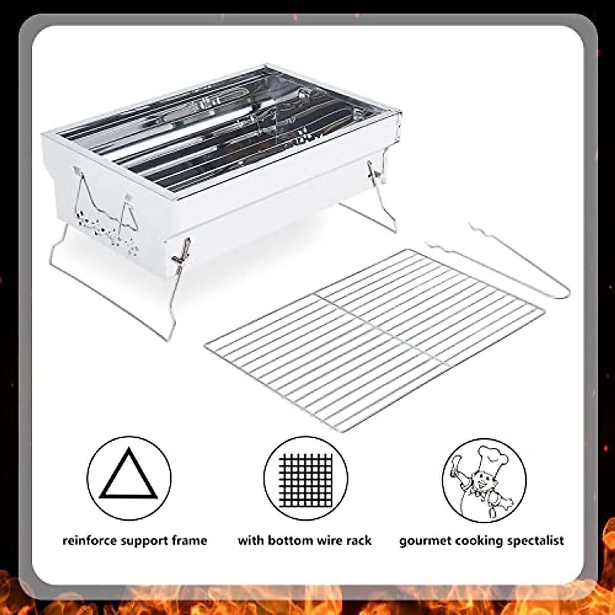 Charcoal Grills, Folding BBQ Grill Portable Grill with Reinforce Support Frame, Small Grill as Grill Accessories, Stainless Steel Table Top Grill Charcoal for Outdoor Cooking,Camping,Backyard Barbecue