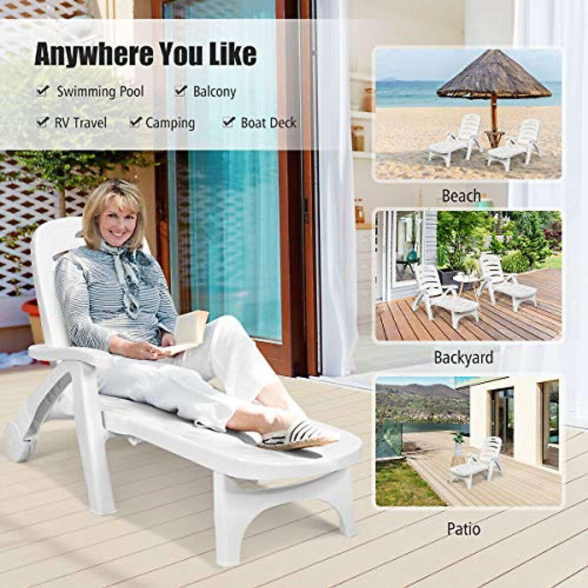 HAPPYGRILL Foldable Patio Lounger Chaise Chair with Wheels for Outdoor Patio Poolside