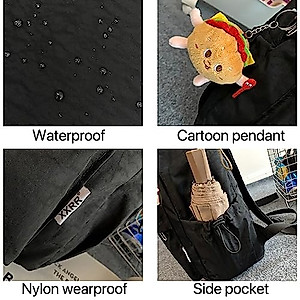 UIVXXUD Kawaii Backpack with Cute Accessories - Waterproof Nylon, Multiple Compartments, and External Pockets (Black)