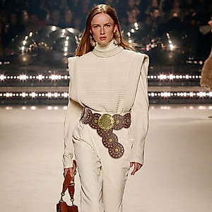 Liutufy Wide Disc Belt for Women Vintage Hollow Boho Leather Belt Western Chunky Waist Belt Cowboy Metal Buckle Concho Belts (Copper Brown A-XL)