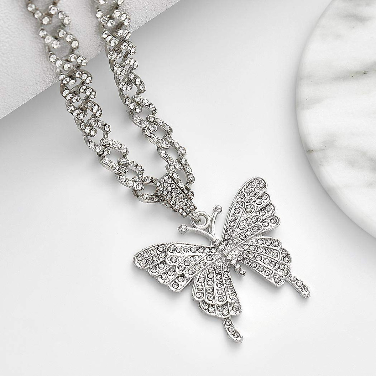 Zoestar Butterfly Rhinestone Choker Necklace Jewelry Sparkly Crystal Pendant Necklaces for Women (Silver)