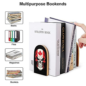 Canada Flag Skull Wood Book Ends for Shelves Non-Skid Bookend Book Stand Book Holder Stopper for Home Office School
