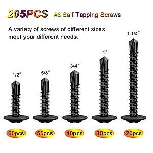 weideer #8 Self Drilling Screws Self Tapping Tek Screws Assortment Kit Black Oxide Truss Head Sheet Metal Screws 410 Stainless Steel 205pcs (1/2" to1-1/4)