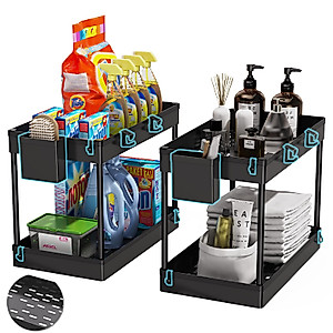 Johamoo 2 Pack Under Sink Organizer, 2-Tier Bathroom Kitchen Organizer and Storage with Support Tubes, Hooks, Hanging Cup, Under Cabinet Basket Organizers for Cleaning Supplies and Toiletries