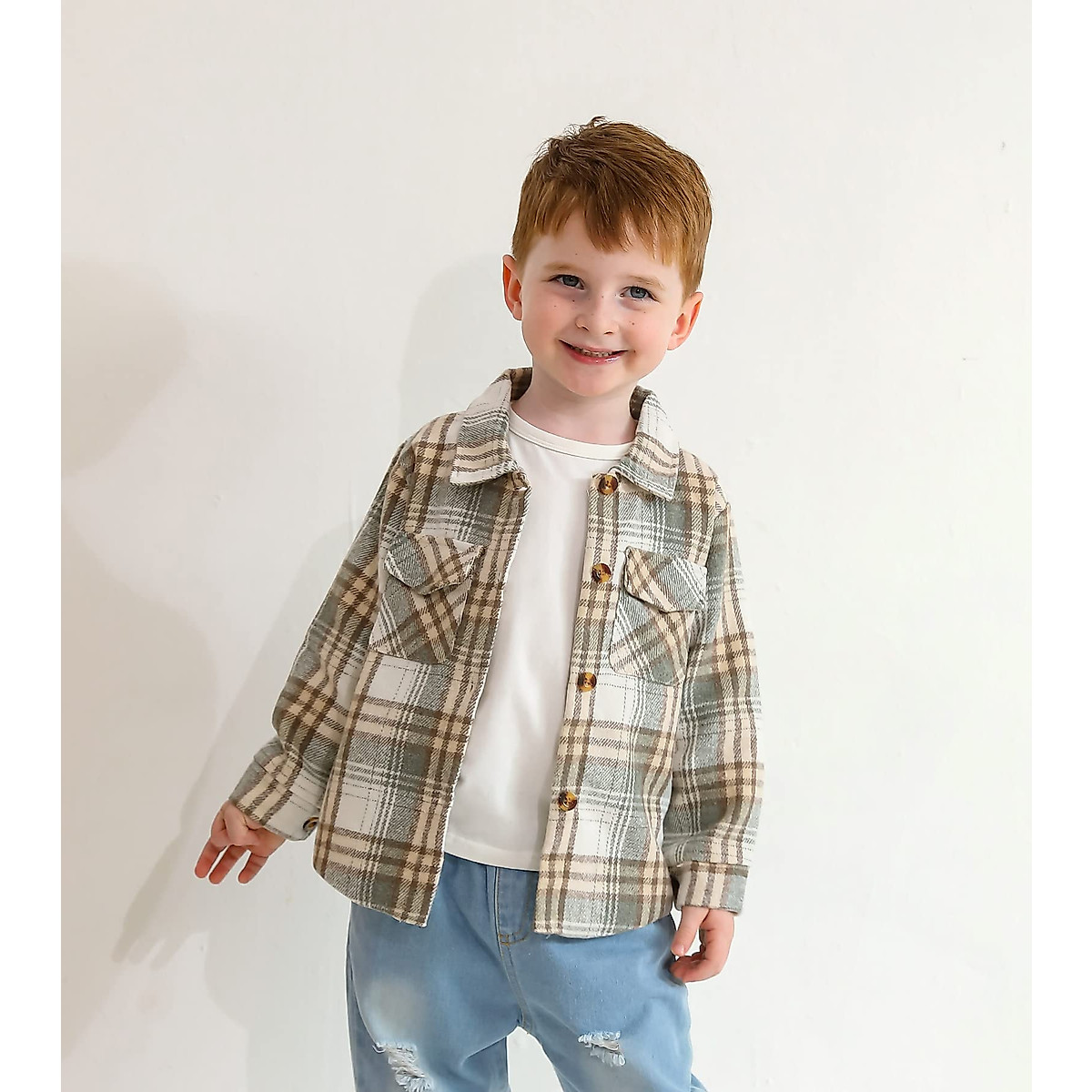 YOUNGER TREE Toddler Baby Boys Girls Jacket Plaid Flannel Long Sleeve Button Down Shacket Kids Boy Coat Fall Winter Top(Grey/Green,3-4T)