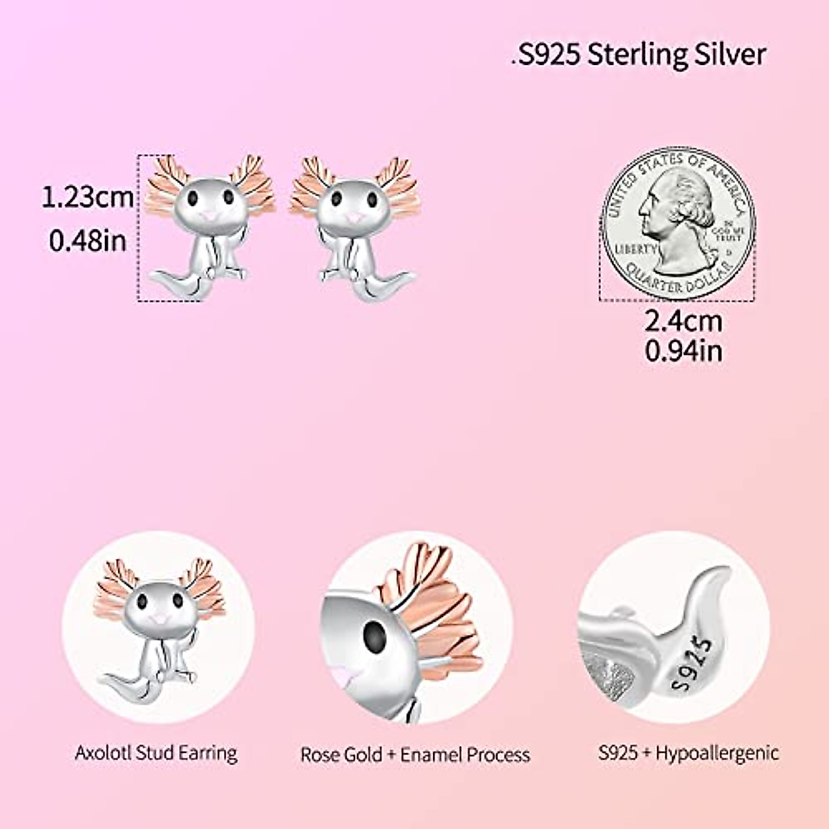 925 Sterling Silver Axolotl Earrings for Women - Axolotl Stud Earrings Animal Hypoallergenic Studs Mexican Salamander Earring, Cute Jewelry Birthday Presents for Daughter