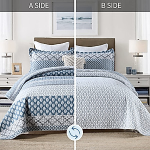 PERHOM Blue Quilt Queen Size - Queen Quilt Set, 100% Long-Staple Cotton Floral Quilt Bedding Set Bedspreads, Patchwork Reversible Lightweight Comforter Bed Spread for All Season, Blue/Gray, 3 Pieces