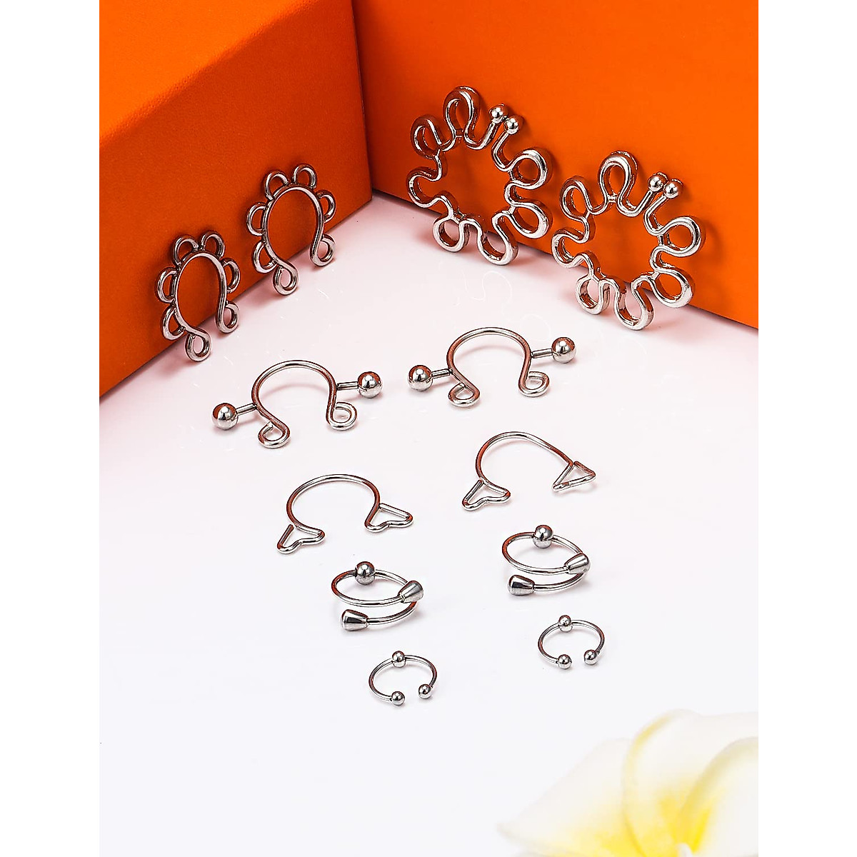 Kadogohno Fake Faux Non Piercing No Pierce Clip On Cute Metal Body Piercing Rings Barbells Jewelry Set for Women Hypoallergenic Stainless Steel