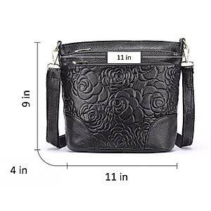 Aslana Floral-Embossed Genuine Leather Shoulder Crossbody Bag Handbag for Women (Floral-Embossed Black)