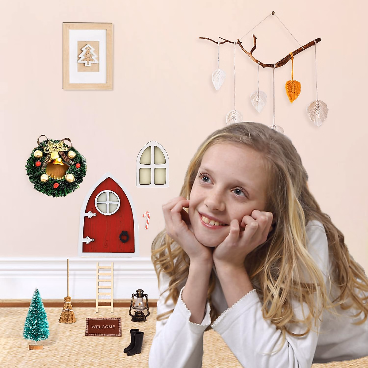 Christmas Elf Girl Fairy Doors, Miniature Elf Door Enchanted Fairy Doors, Elf On the Shelf Door Lantern Light Strip Christmas Tree Wreath Wooden Ladder Carpet Miniature Garden Furniture (22 Pcs)