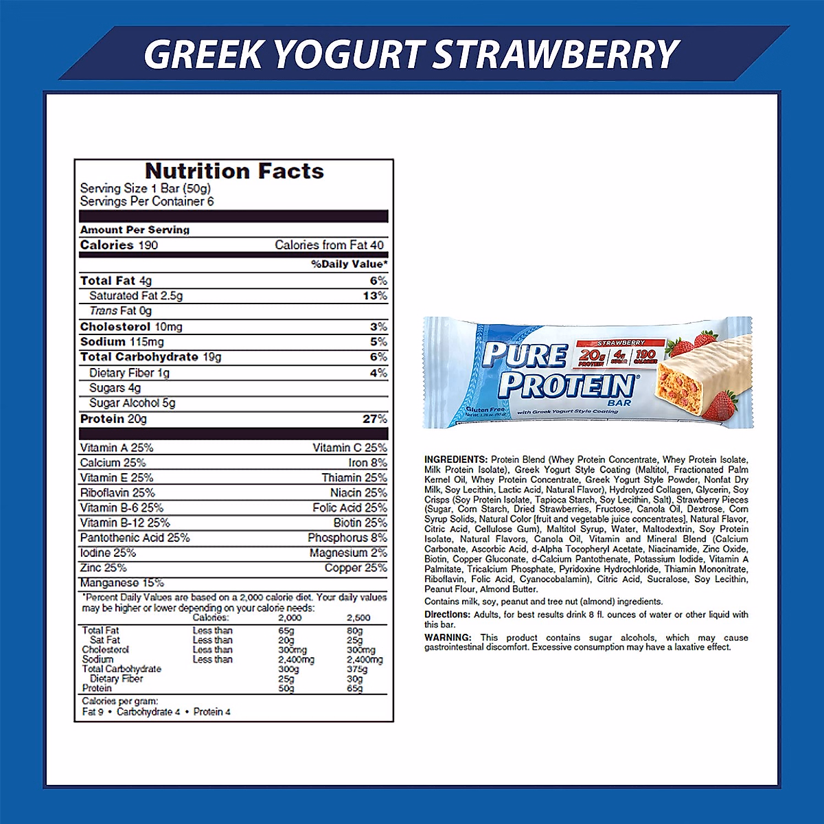 Pure Protein Strawberry Greek Yogurt Protein Bars, 1.76 oz, 6 Count, 2 Pack (Packaging May Vary)