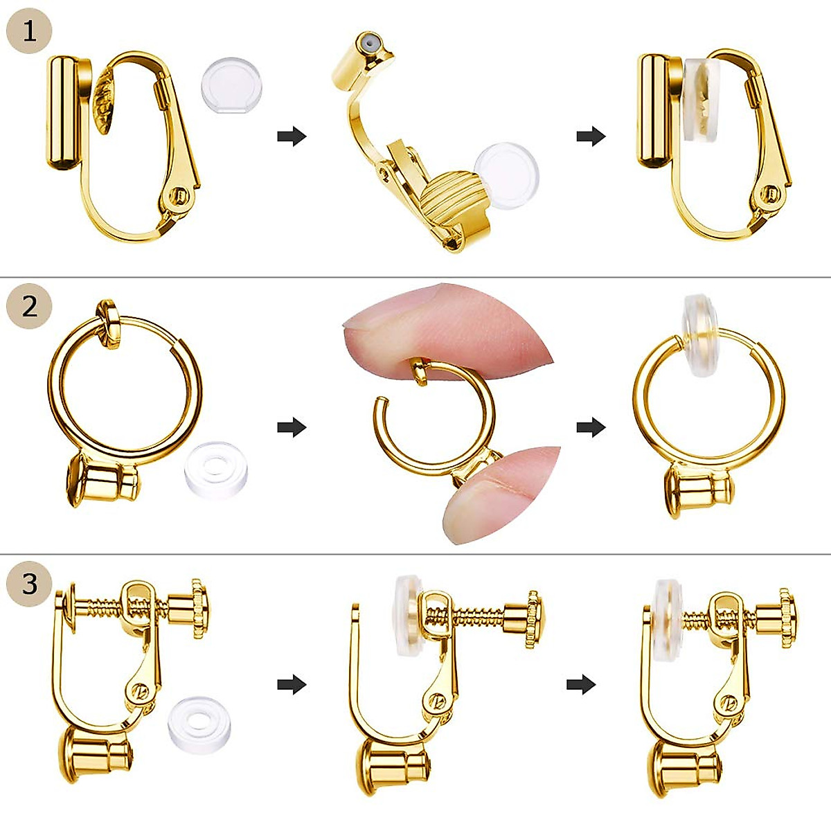 18 Pack Ear Cuff Converters, Maveek Fashion Earring Clip Backs with Post 3 Styles, Clip-on Earring Adapter Components for Non-Pierced Ears, 3 Color Gold & Silver & Rose, DIY Turn Studs into Clip on