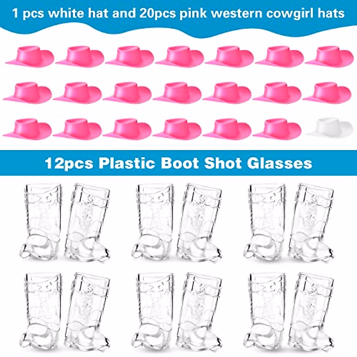 CHENGU 33 Pcs Cowboys Shot Glass Plastic Mini Western Cowgirl Hat and Boot Glasses for Bridegroom Bridal Shower Bachelorette Party (White, Pink)