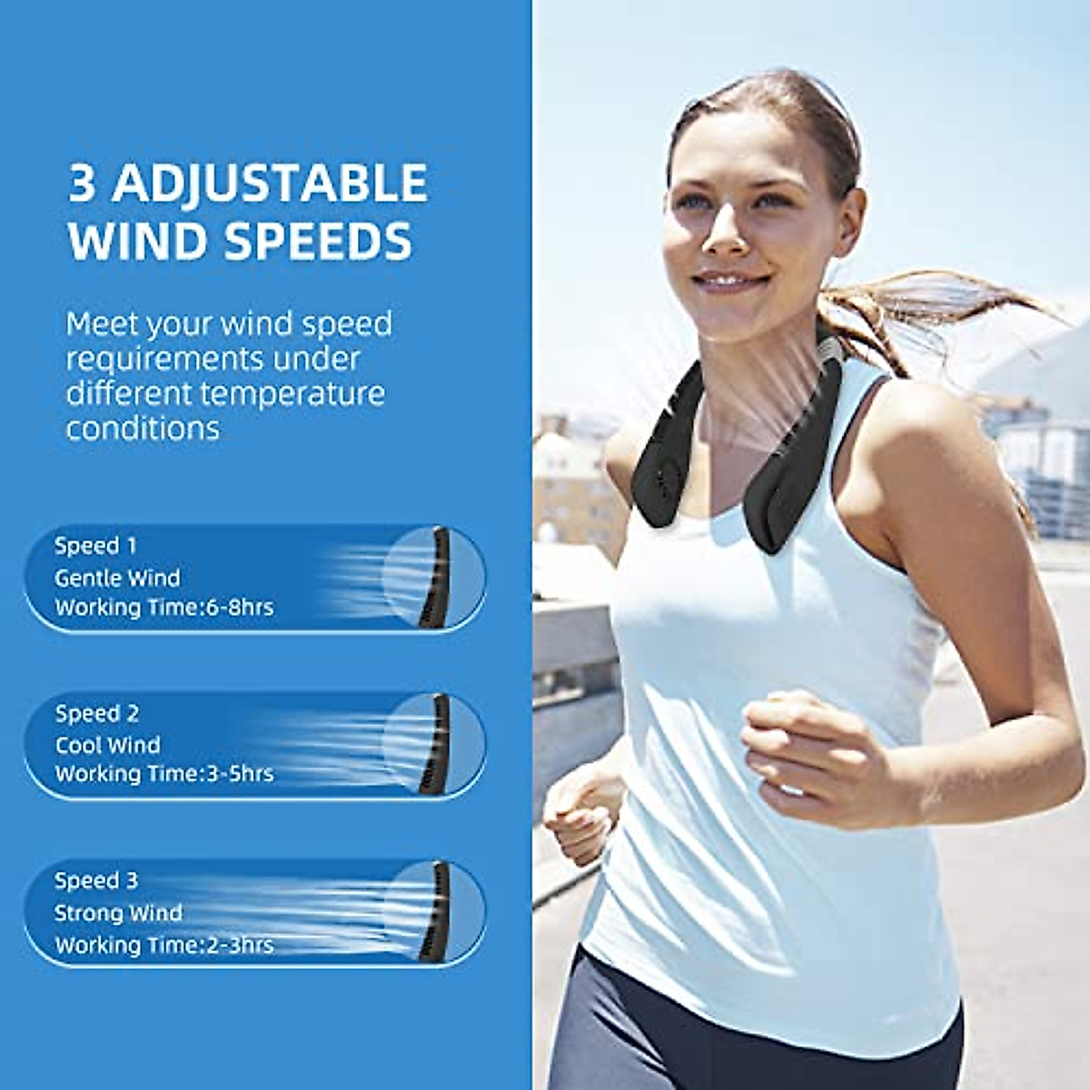 ailyfu Portable Neck Fan, Personal Fan Bladeless Fan, 3 Speeds Adjustment, Lower Noise, Rechargeable, USB Powered Neck Fan for Outdoor Indoor Use (Black)