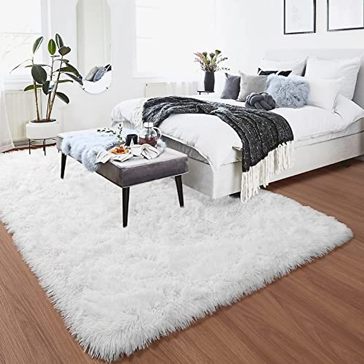 RUGTUDER Soft Area Rugs for Bedroom, 4x6 Feet, Fluffy Rug, Shag Carpet for Living Room Decor, Fuzzy Rug for Kids Baby Nursery Room, Furry Throw Rug for Girls Boys Dorm Room, Anti-Slip Rug, White