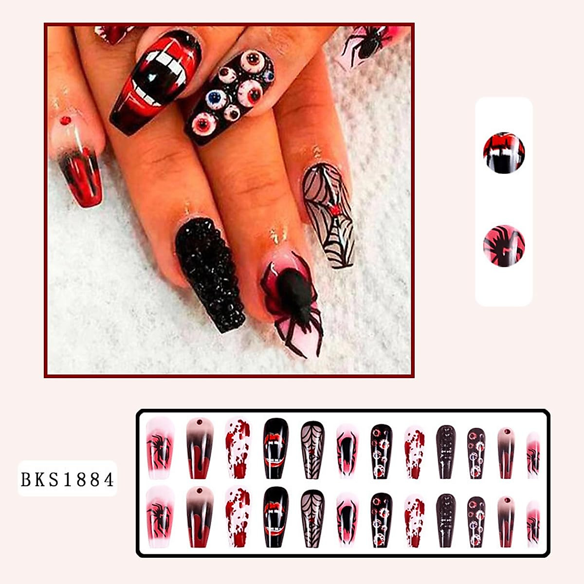 Halloween Press on Nails Medium Coffin Fake Nails Spider Eyeball Halloween Nails Press on Bloodstain Spider Web Acrylic Full Cover False Nails with Designs Gloosy Glue on Nails for Women&Girls 24PCS